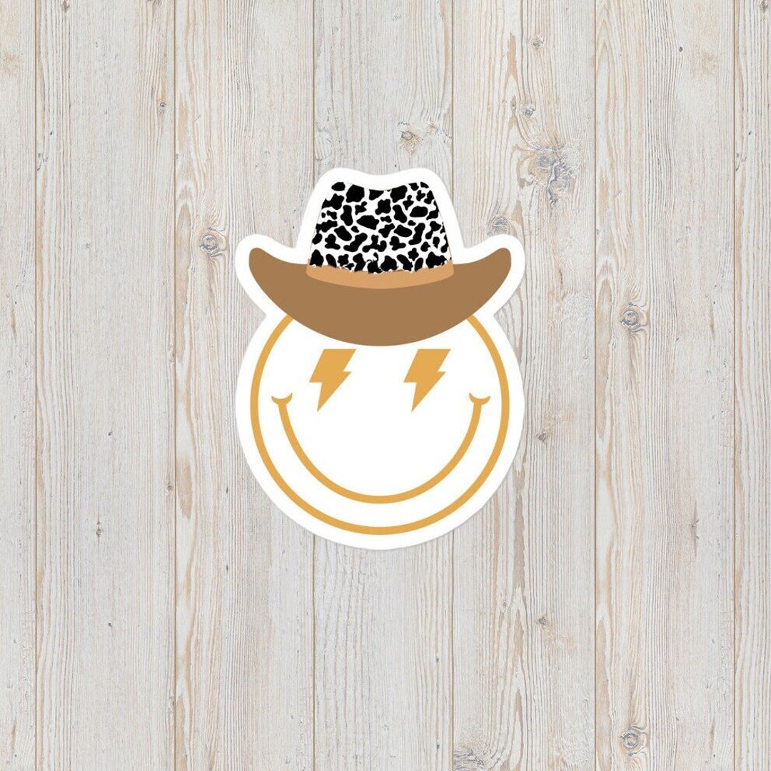 Cowgirl Country Smiley Face Cow Print Hat Lightning Bolt Bubble-free ...