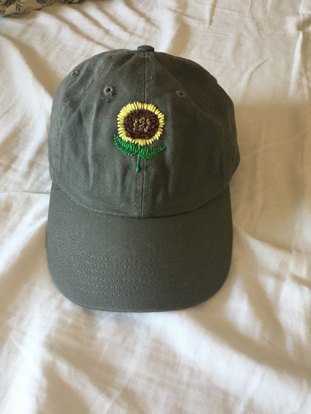 Hand Embroidered Olive Green Sunflower Hat - Etsy