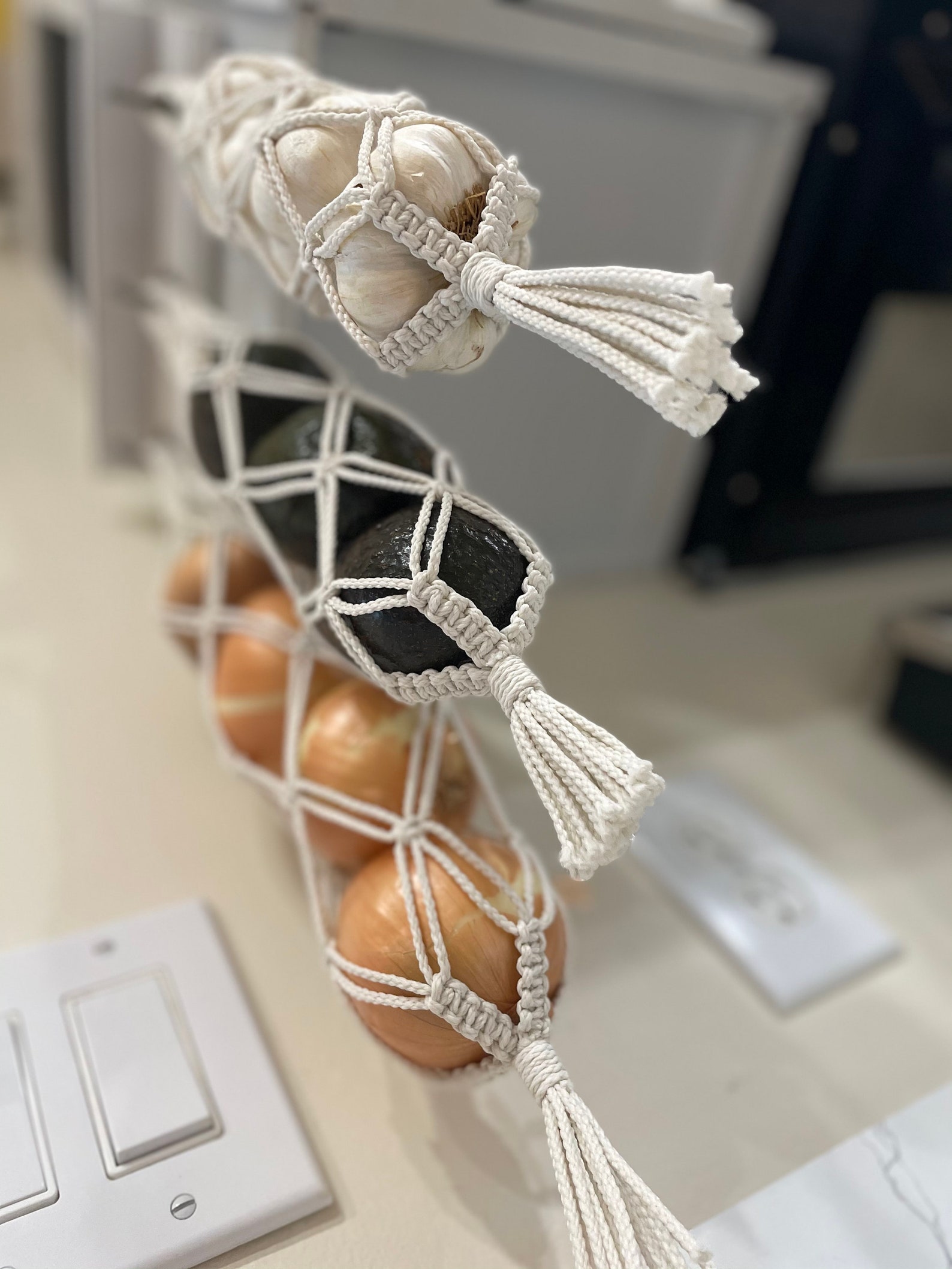 Macrame Produce Sleeve, Macrame Garlic Stocking, Macrame Produce Hanger ...