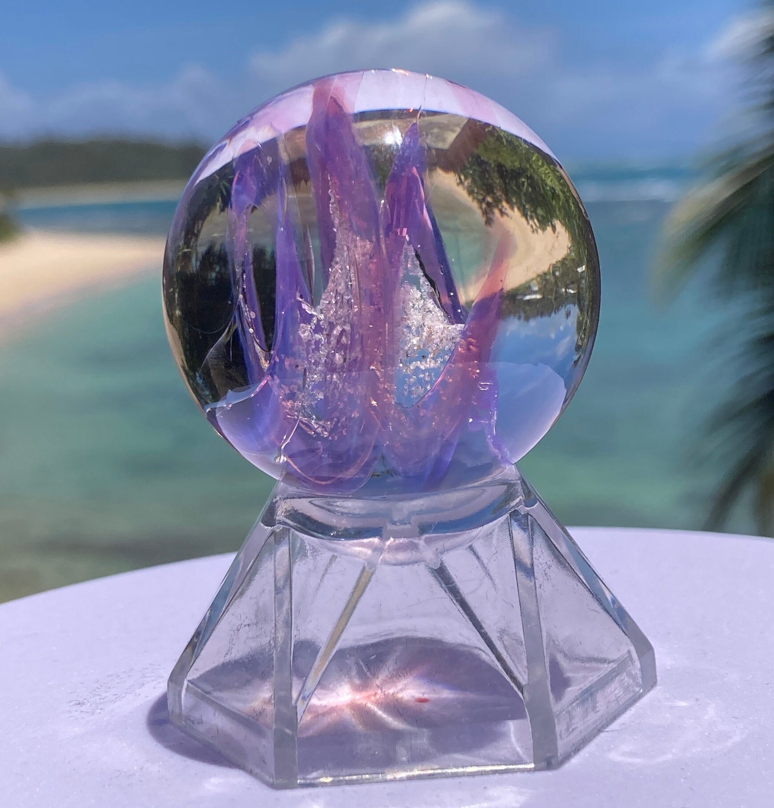 Cremated Ashes in Glass Sun Catcher (color: Purple Sky) Acrylic Stand ...