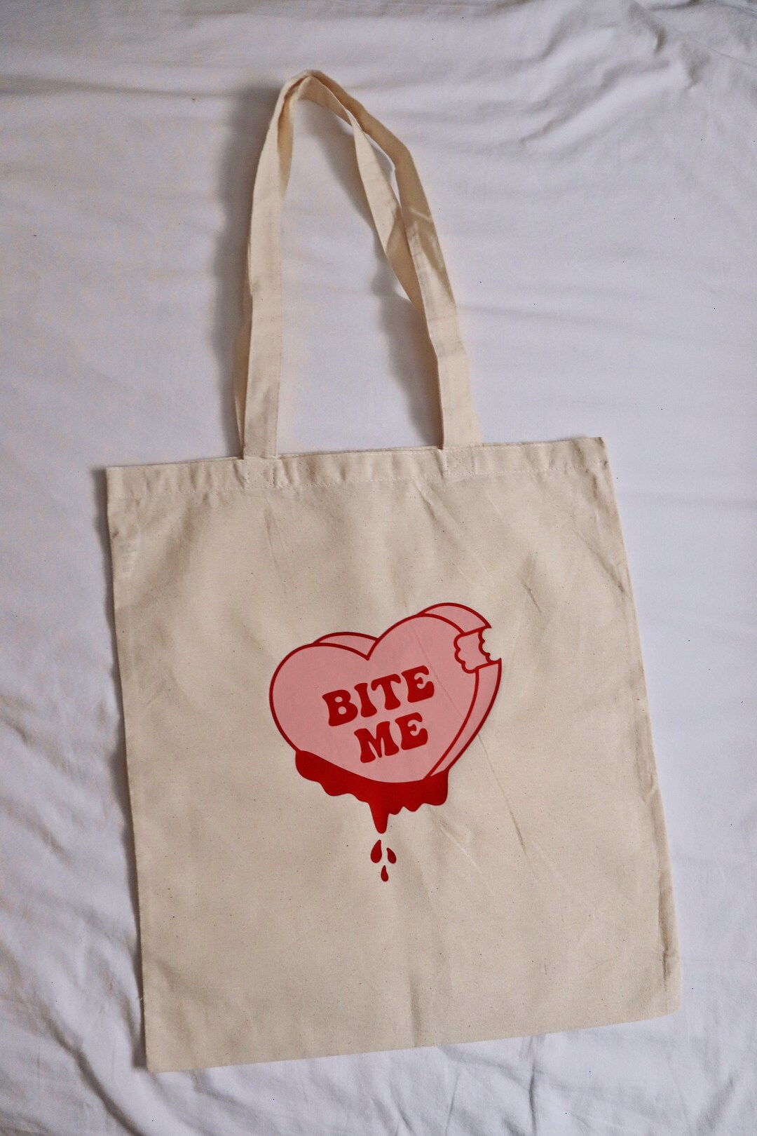 BITE ME CANDY Heart Tote Bag Natural Cotton Tote Bag Iron on Vinyl Gift ...