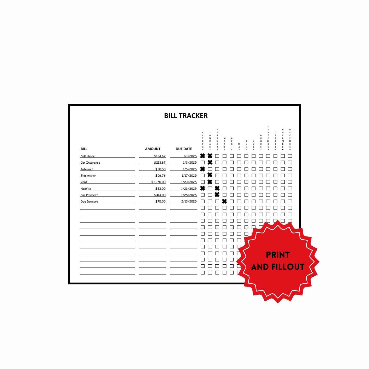 SIMPLE Bill Tracker for PRINT - Instant Download - Etsy