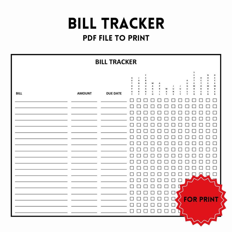 SIMPLE Bill Tracker for PRINT - Instant Download - Etsy