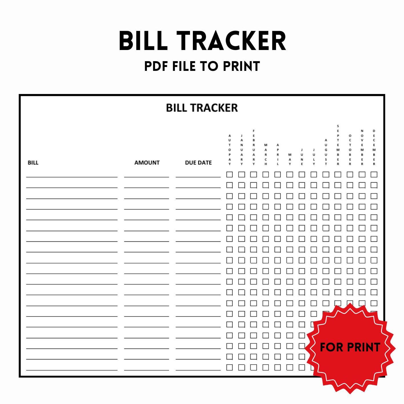 SIMPLE Bill Tracker for PRINT - Instant Download - Etsy