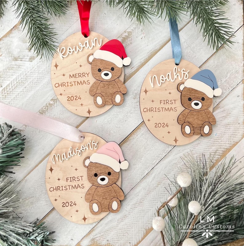 Personalized Teddy Bear Christmas Ornament: Baby's First Christmas ...