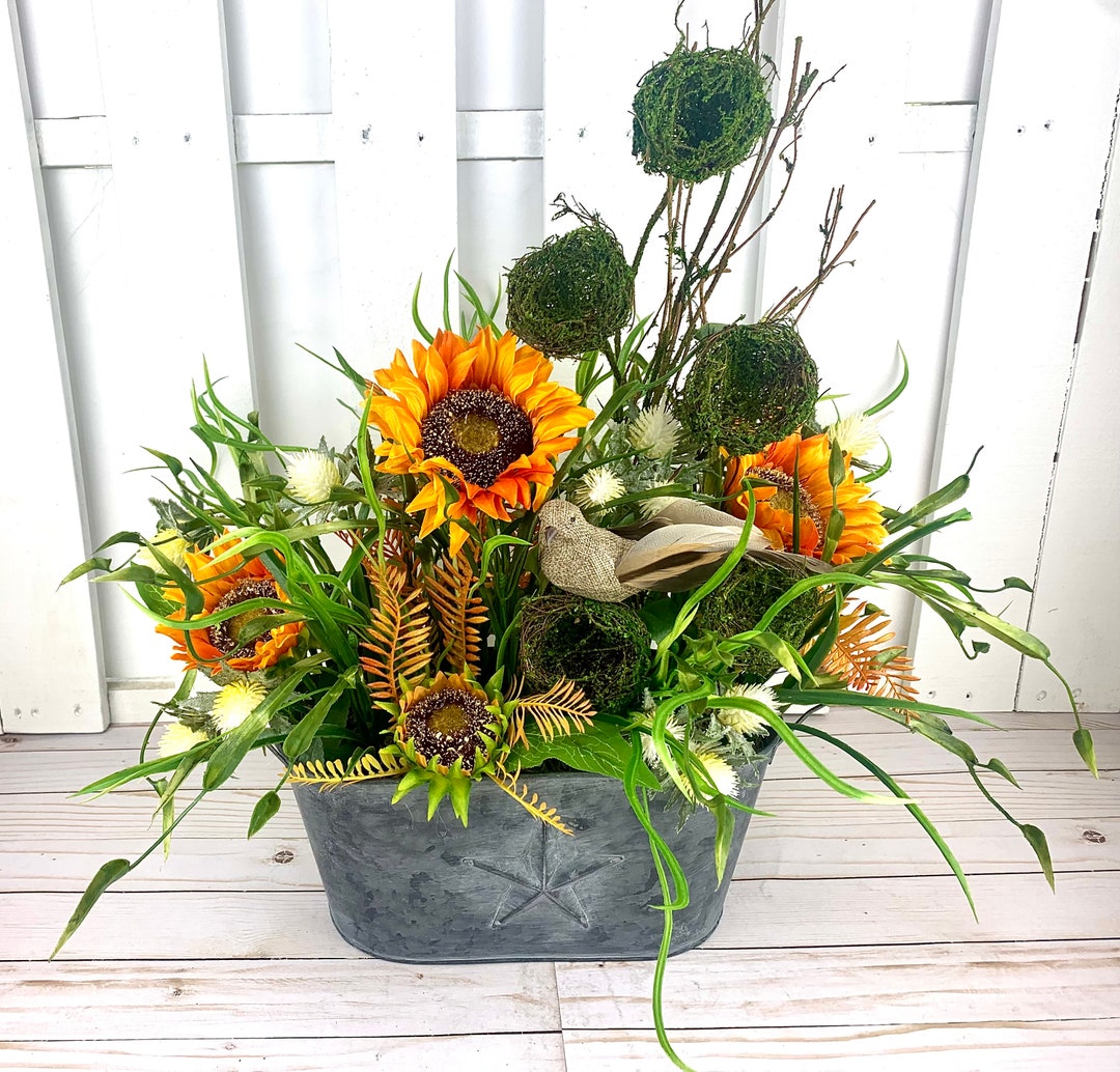 Rustic Fall Floral Table Arrangement, Sunflower Centerpiece for Kitchen ...