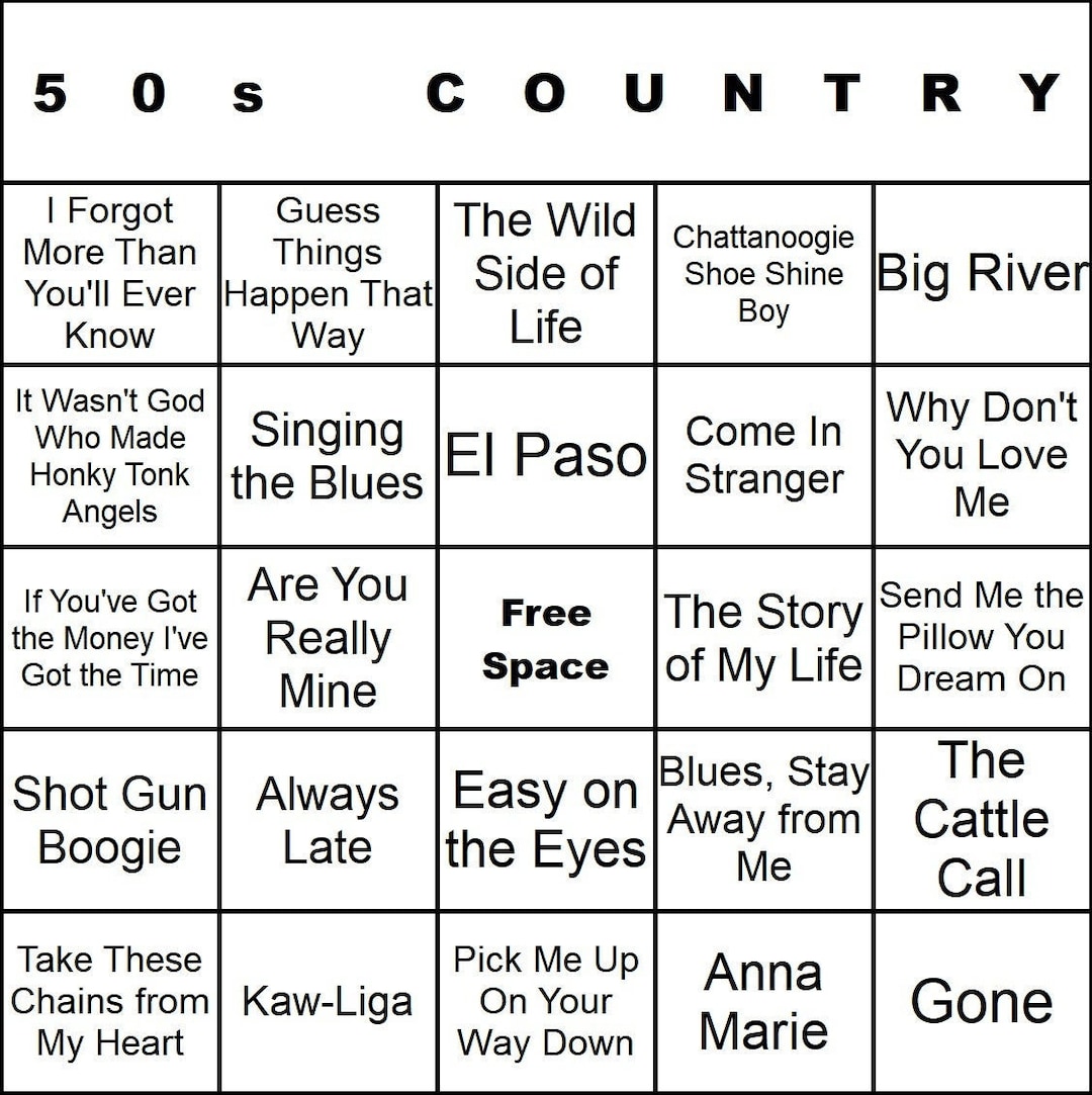 50s Country Music Bingo Cards: 100 Laminated Game Set With Playlist - Etsy