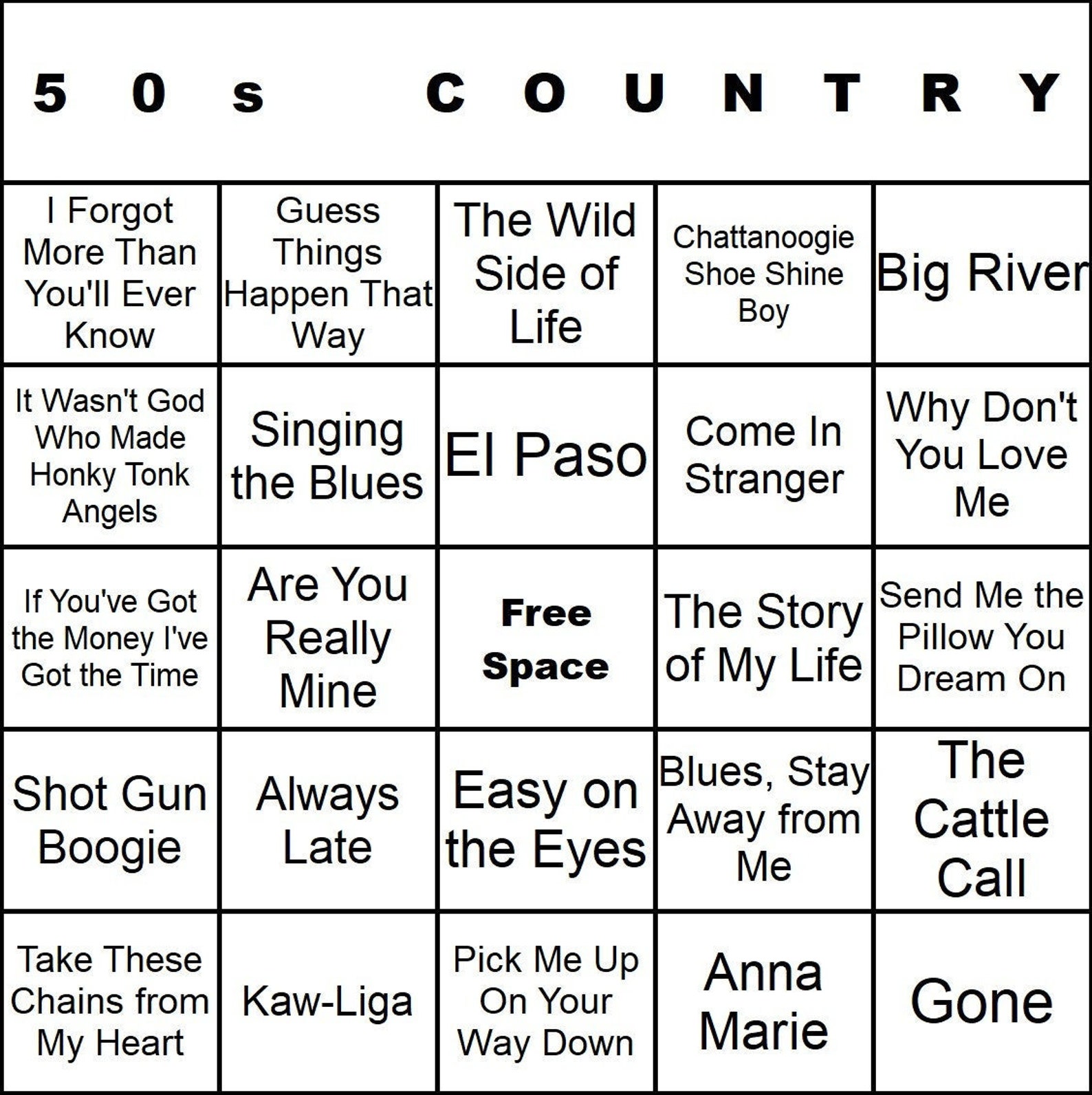 Cardtunz 50s Country Music Bingo 100 Cards Digital Immediate Download ...