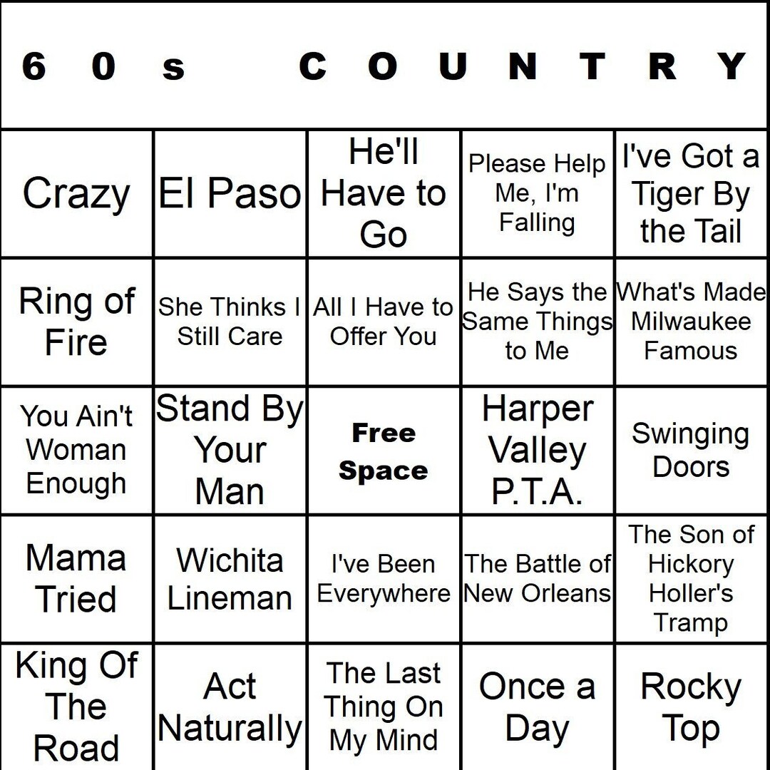 Cardtunz 60s Country Music Bingo 100 Cards Digital Immediate Download ...