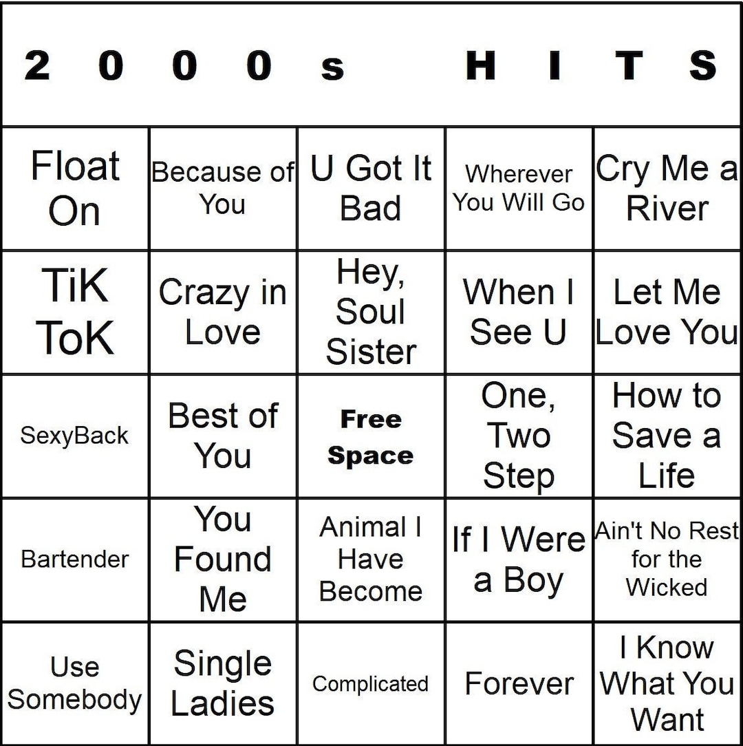 Cardtunz 2000s Hits Music Bingo 100 Cards Digital Immediate Download ...