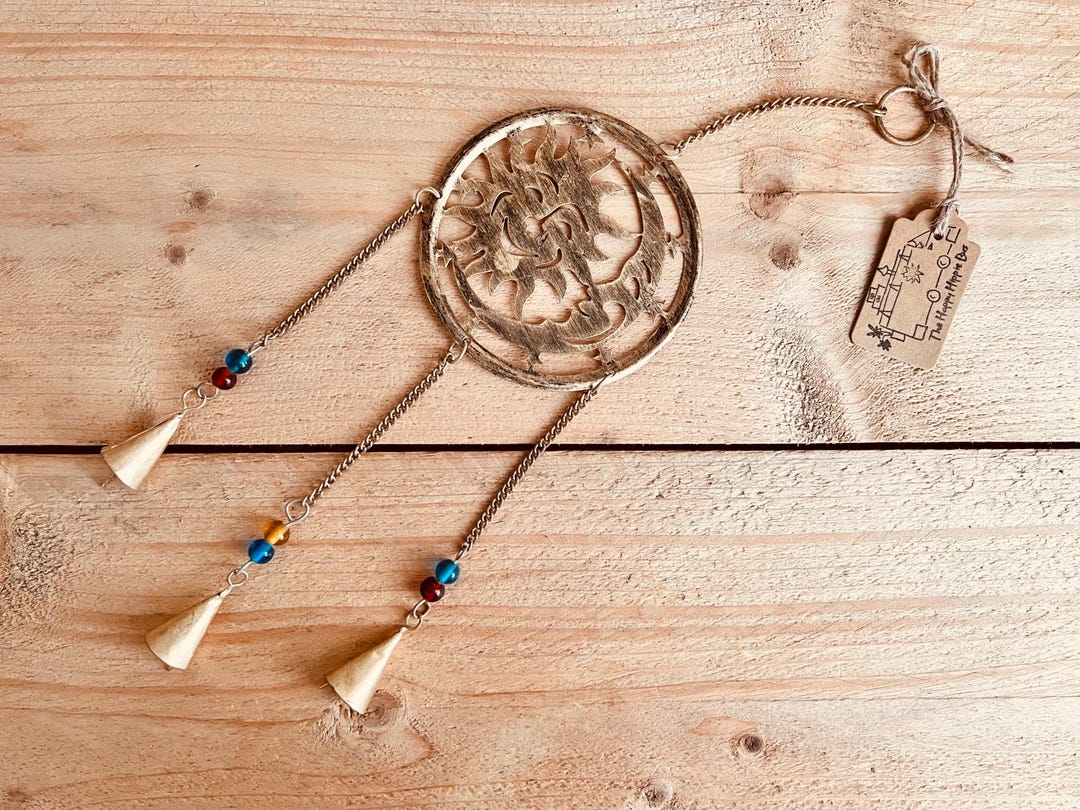 Smiling Sun & Moon Hanging Bell Wind Chime, Boho Chic Rustic Gold ...