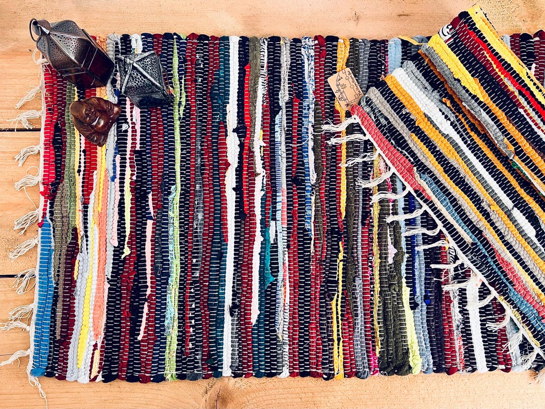 Handmade Rag Rug, Fair Trade Dark Shades Recycled Fabric Rainbow Stripe ...