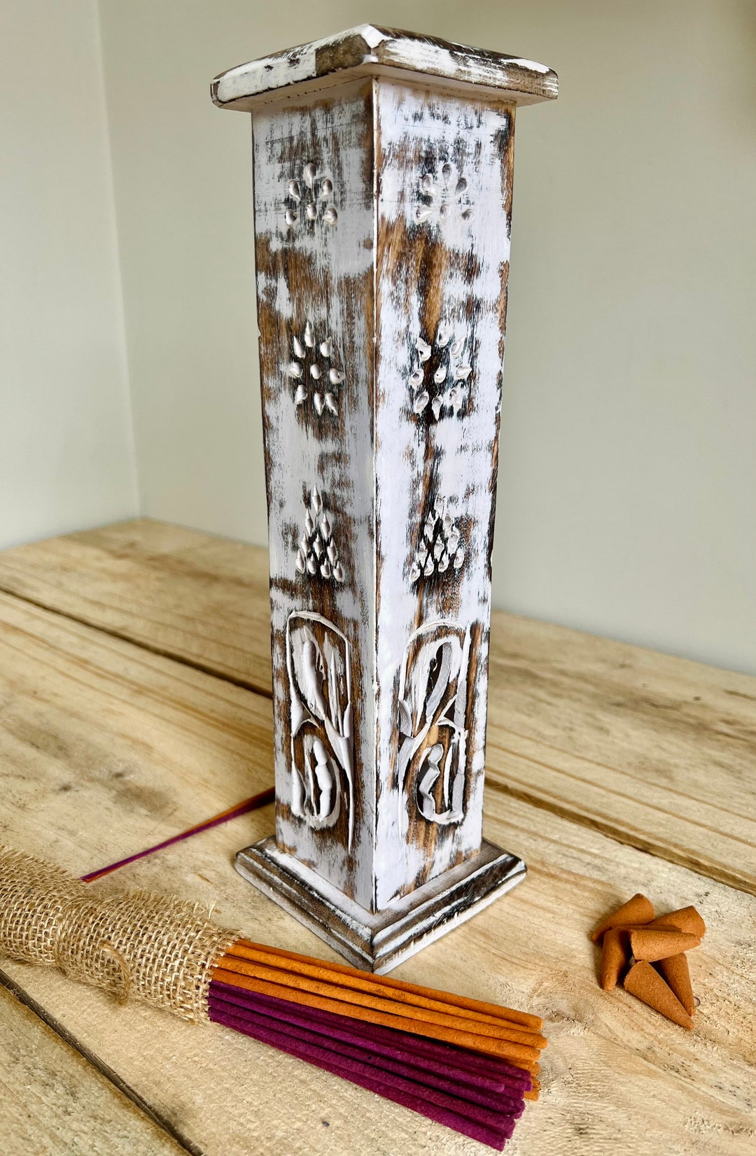 Mango Wood Incense Tower With Carved White Washed Finish Ash Catcher ...