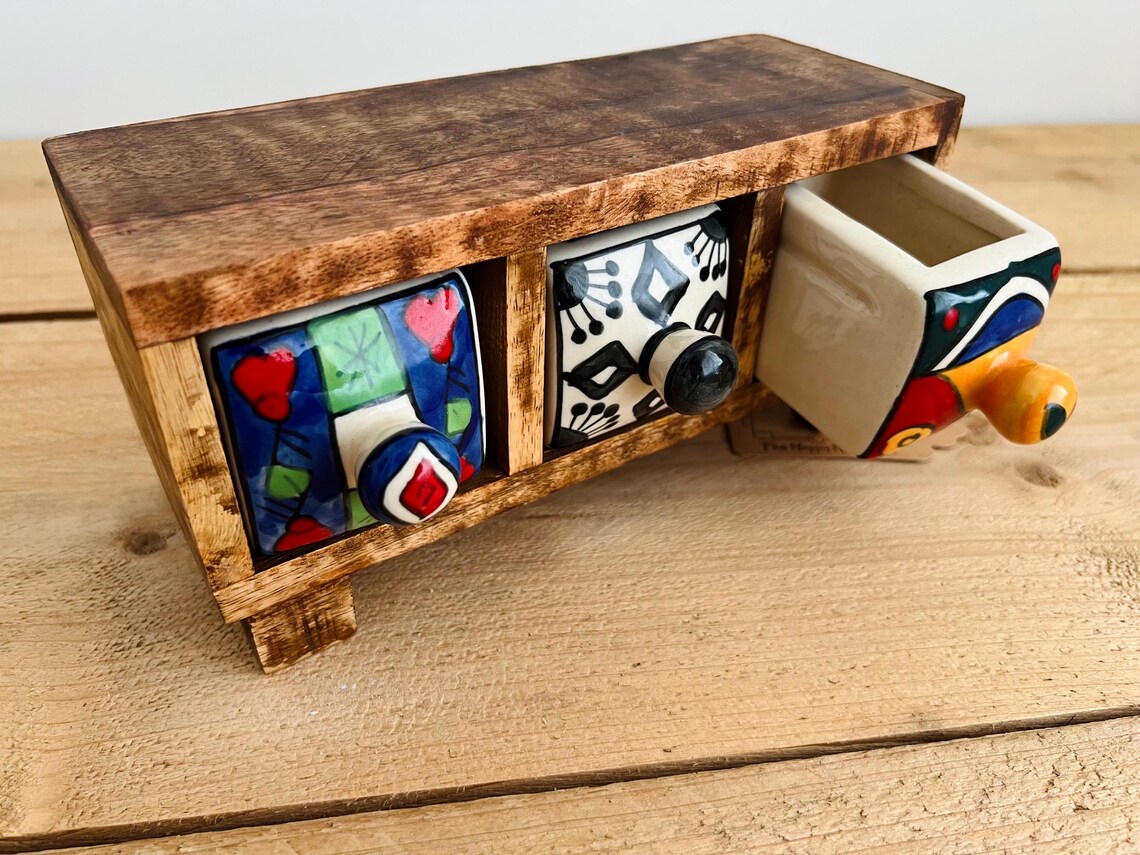 Handmade 3 Drawer Mango Wood Ceramic Drawers Mini Chest Fair Trade Hand ...