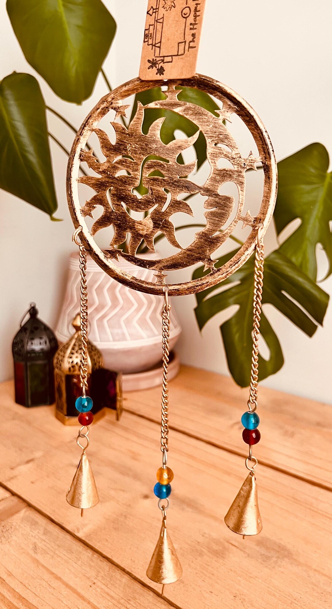 Smiling Sun & Moon Hanging Bell Wind Chime, Boho Chic Rustic Gold ...
