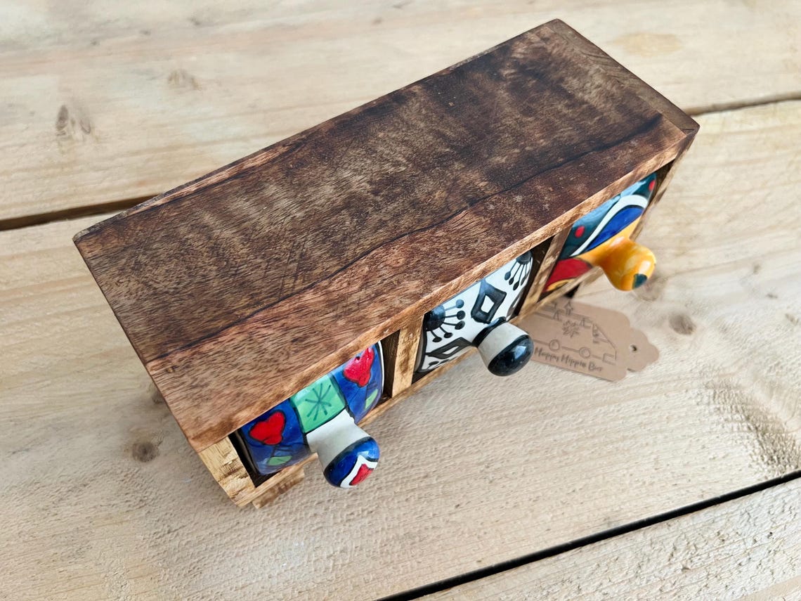 Handmade 3 Drawer Mango Wood Ceramic Drawers Mini Chest Fair Trade Hand ...