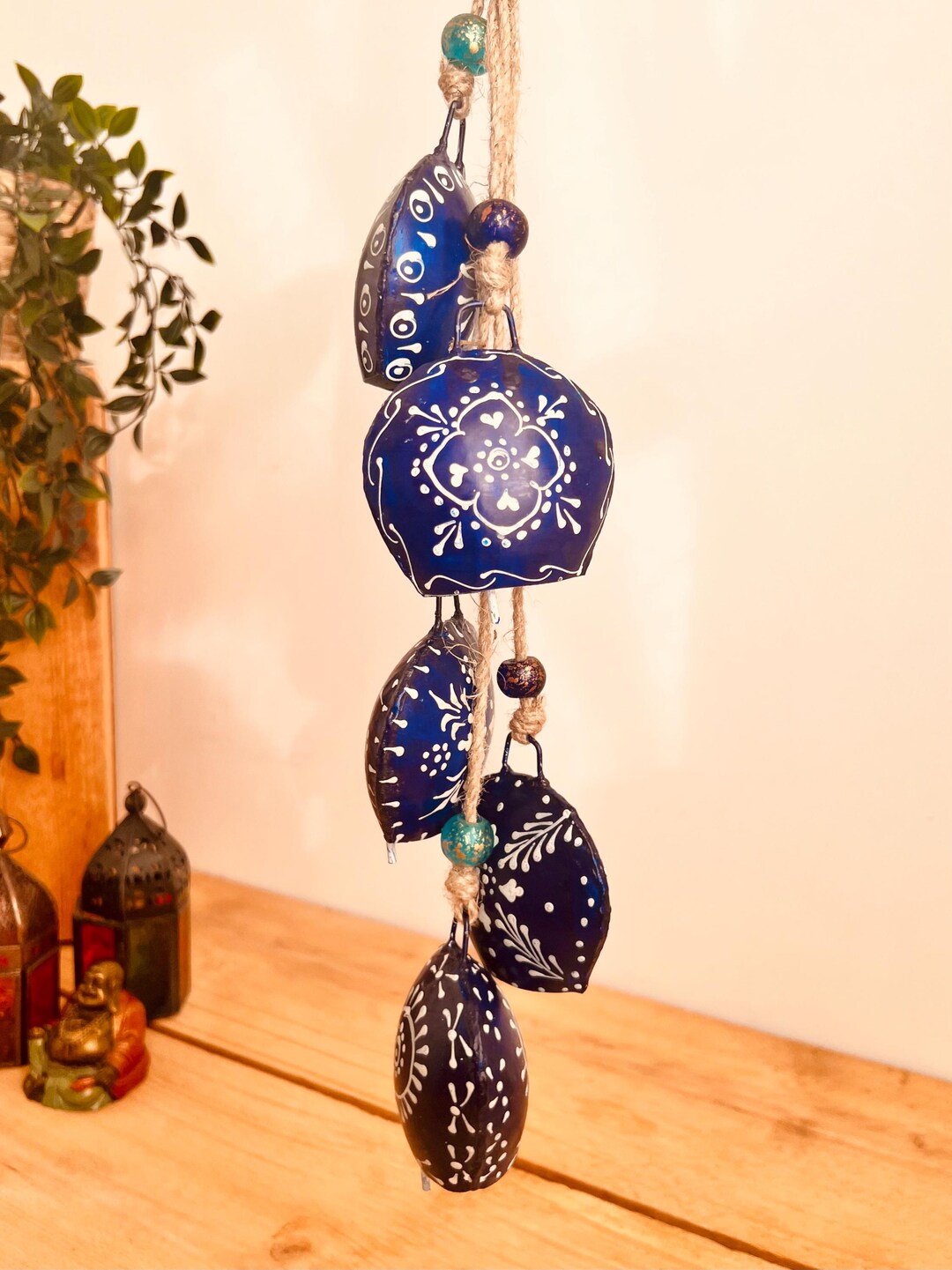 Hand Painted Blue Cowbell Wind Chime, Boho Garden Decor - Etsy