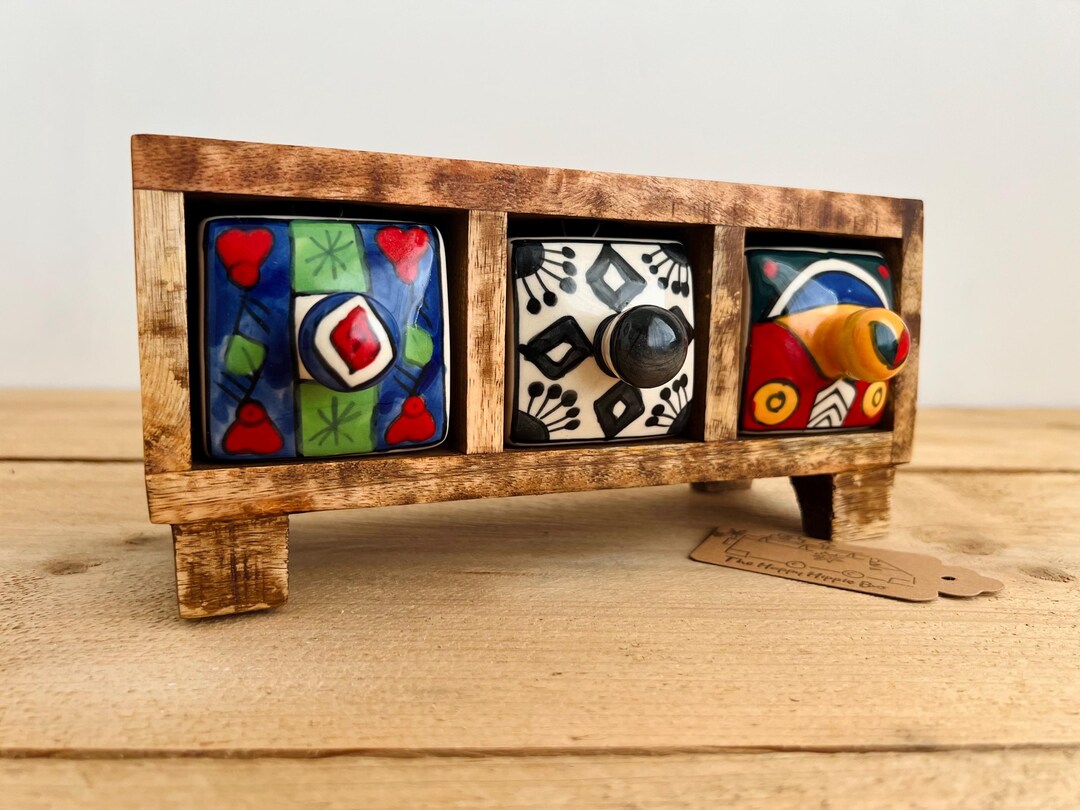 Handmade 3 Drawer Mango Wood Ceramic Drawers Mini Chest Fair Trade Hand ...