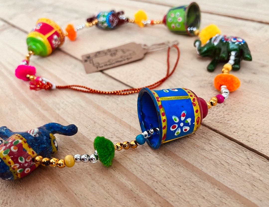 Vibrant Hanging Bells & Beads With Colourful Elephants, Hand Panted ...