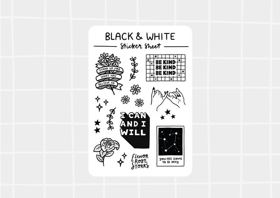 Black and White Sticker Sheet / Monochrome / Illustration / - Etsy