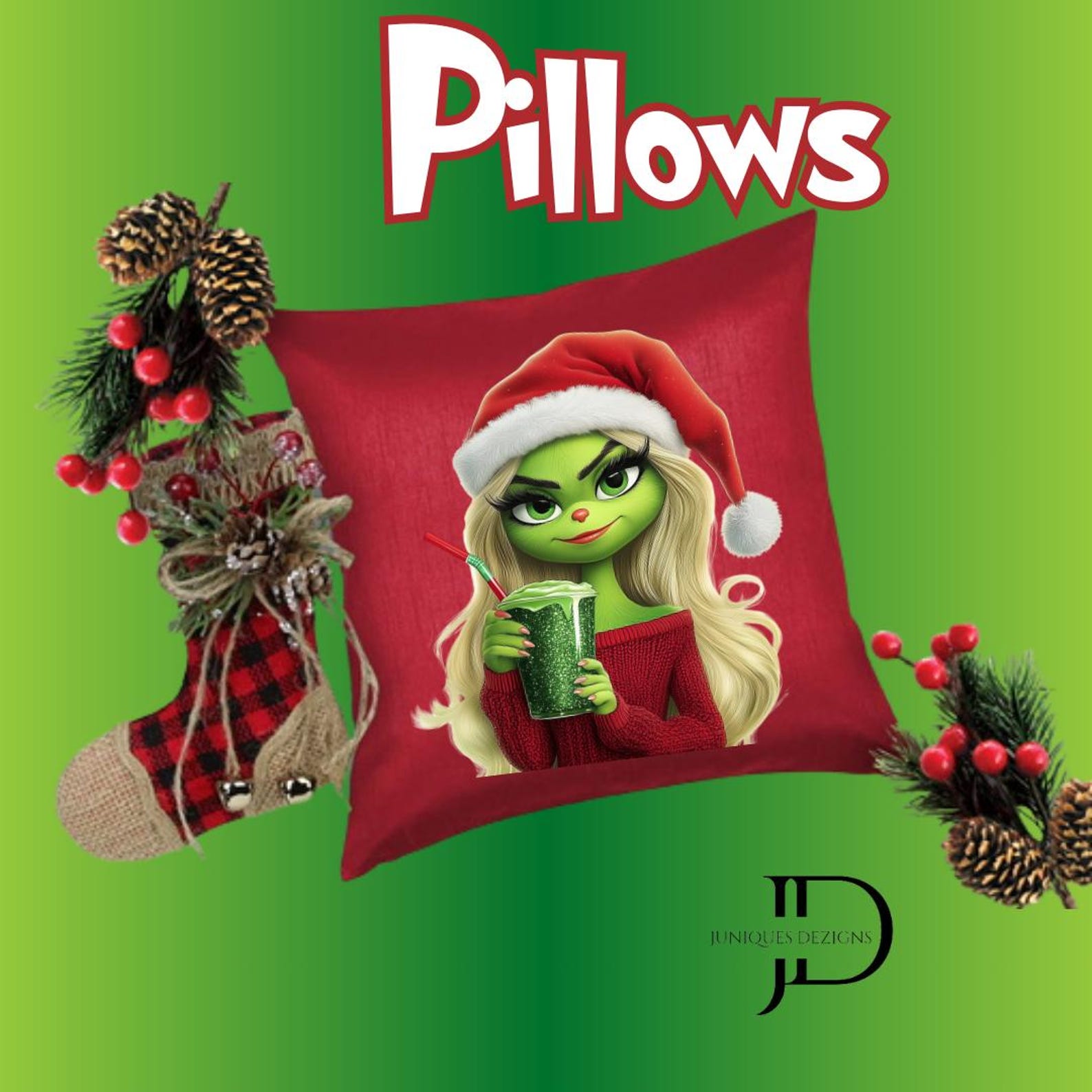 Grinch Lady in Red Christmas PNG, Holiday Glam Art Print | Green ...