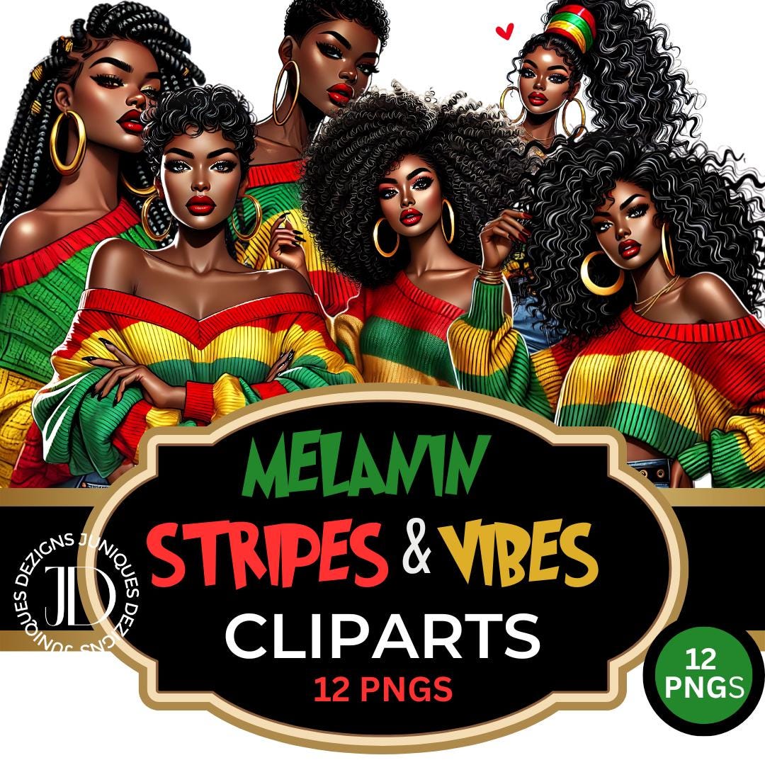 Melanin Stripes & Vibes Clipart | Afrocentric Rasta Pngs | Black Woman ...
