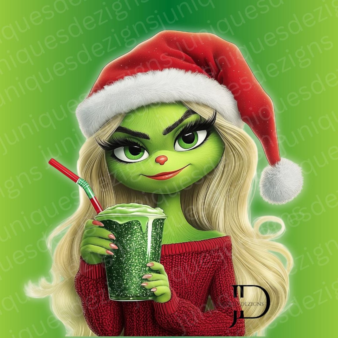 Grinch Lady in Red Christmas PNG, Holiday Glam Art Print | Green ...