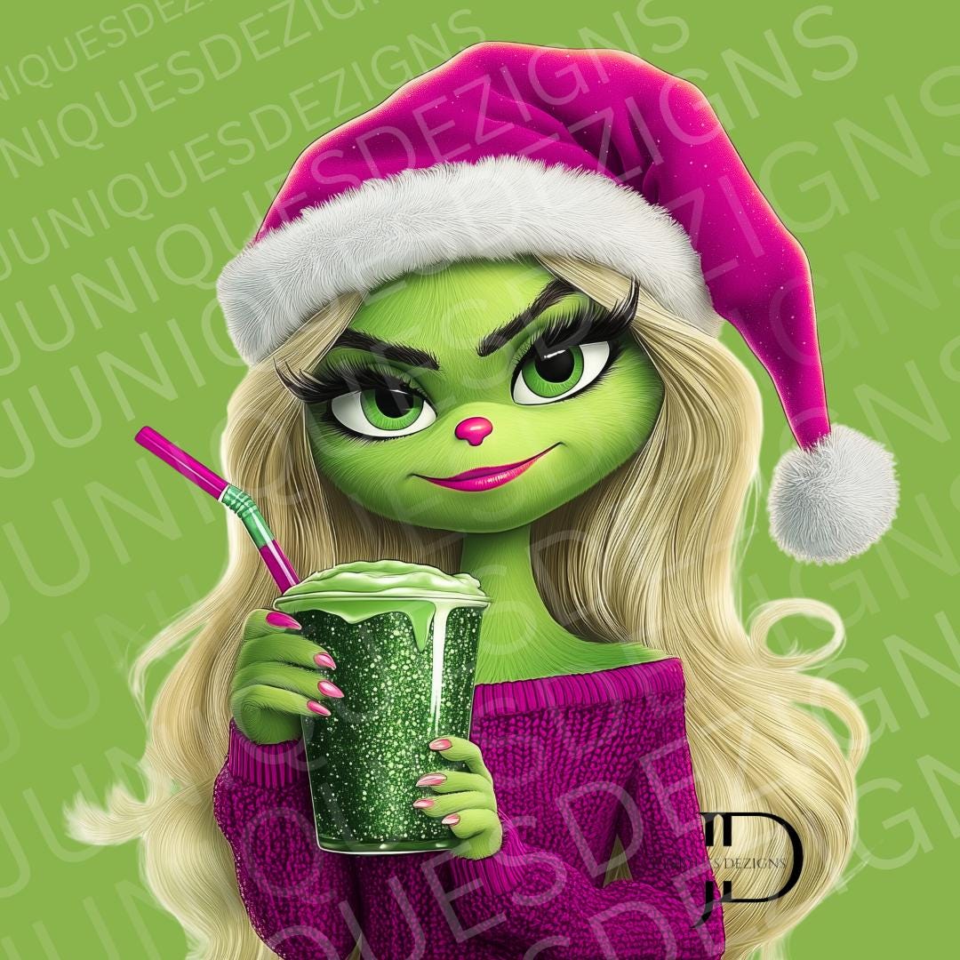 Grinch Lady in Pink Christmaspng, Holiday Glam Art Print | Green ...