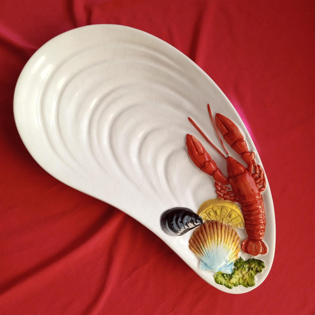 Plate With Seafood Italian Ceramics. Vintage Seafood Platter 30 Cm Fish ...