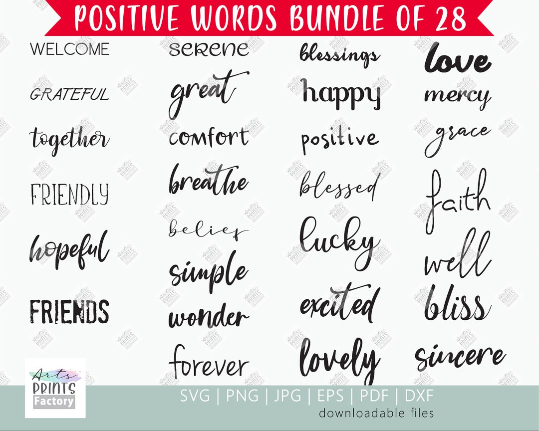 28 Positive Words Bundle, in Different Font Types, Inspirational Words ...