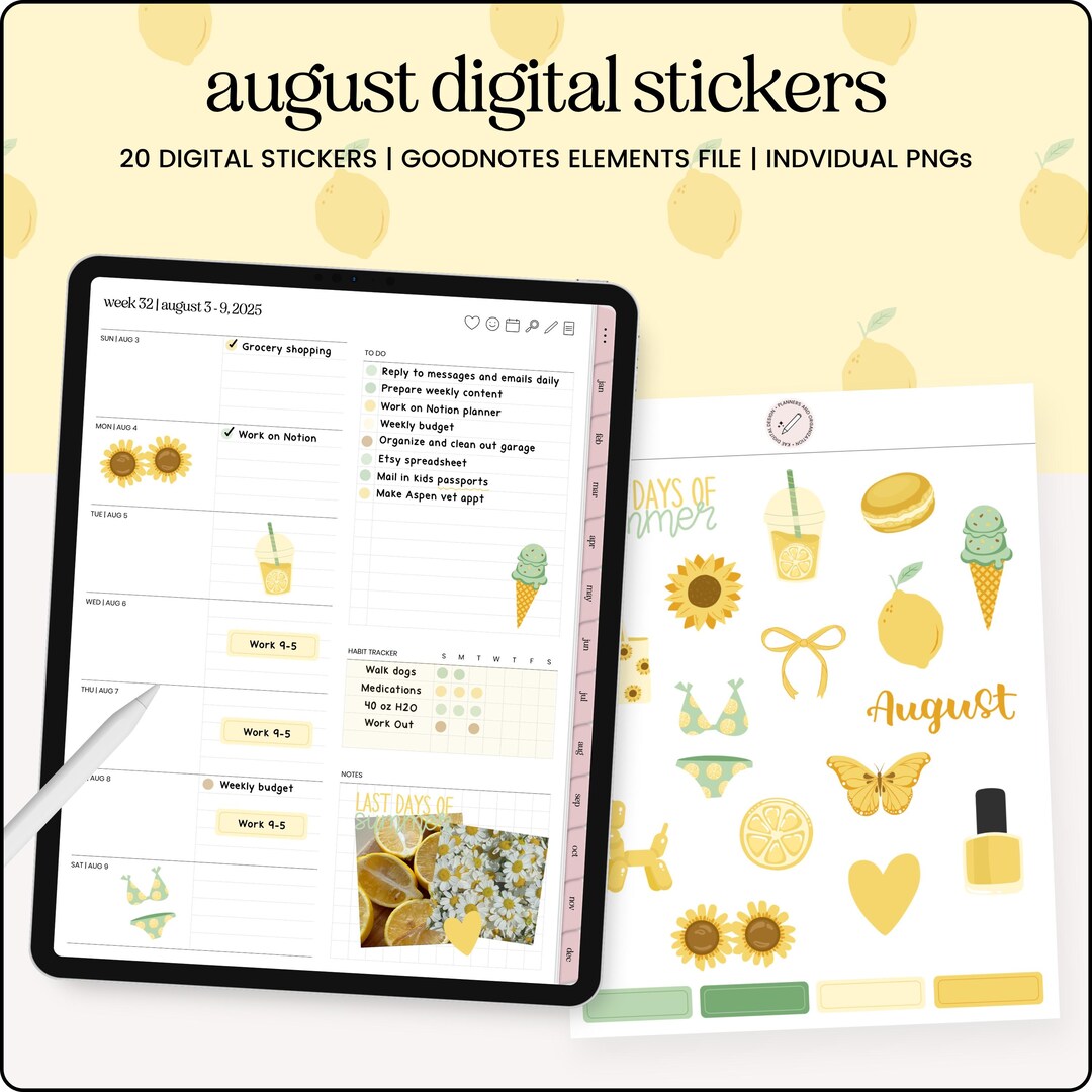 August Themed Digital Stickers, Lemon Digital Stickers, Mint Digital ...