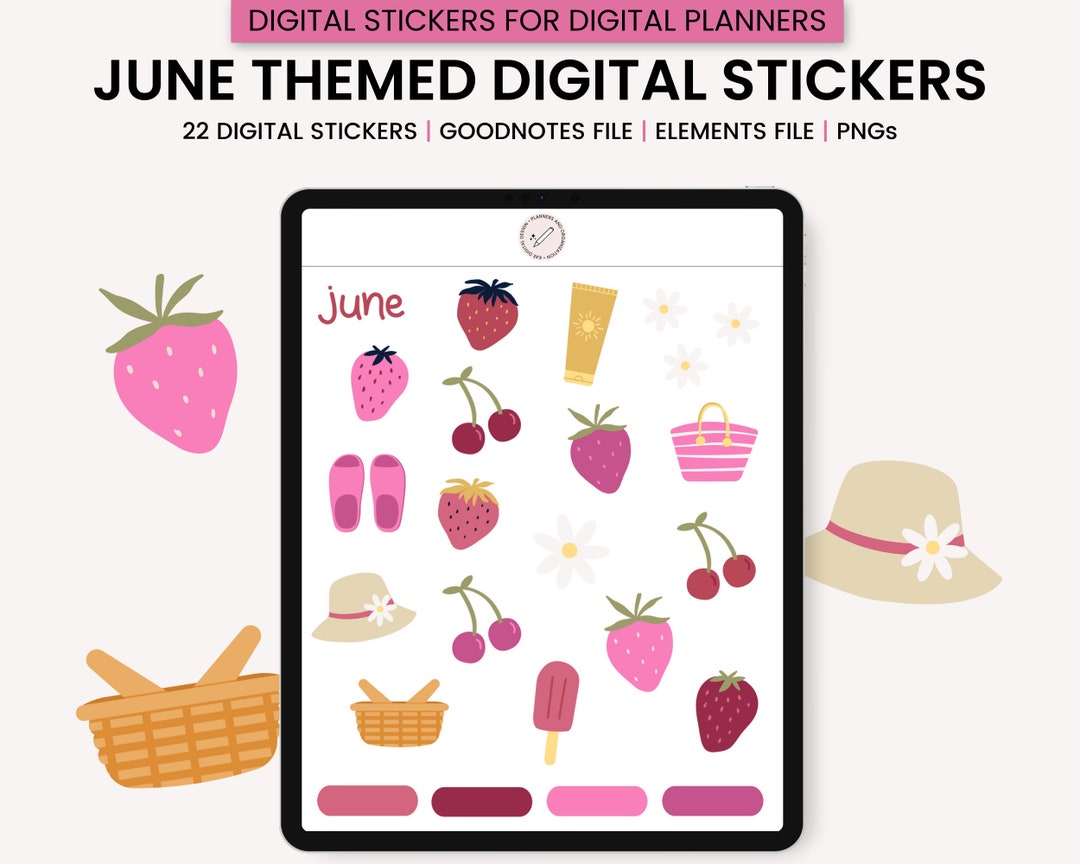 June Themed Digital Stickers, Strawberry Digital Stickers, Cherry ...