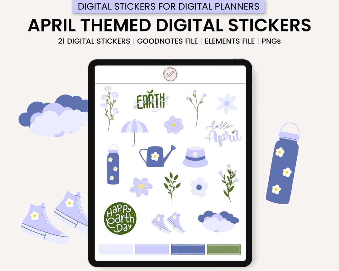 April Themed Digital Stickers, Periwinkle Digital Stickers, Blue ...