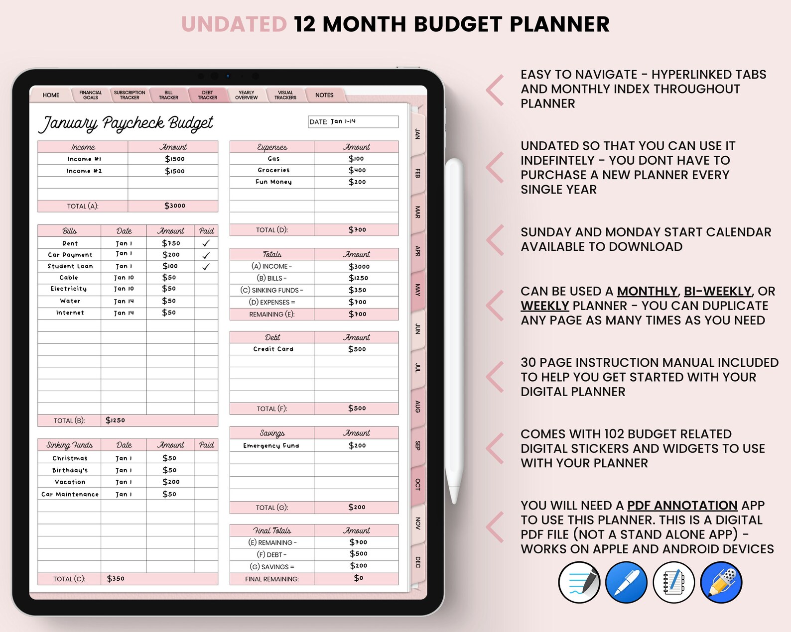 Digital Budget Planner, Digital Finance Planner, Digital Planner, Bi ...