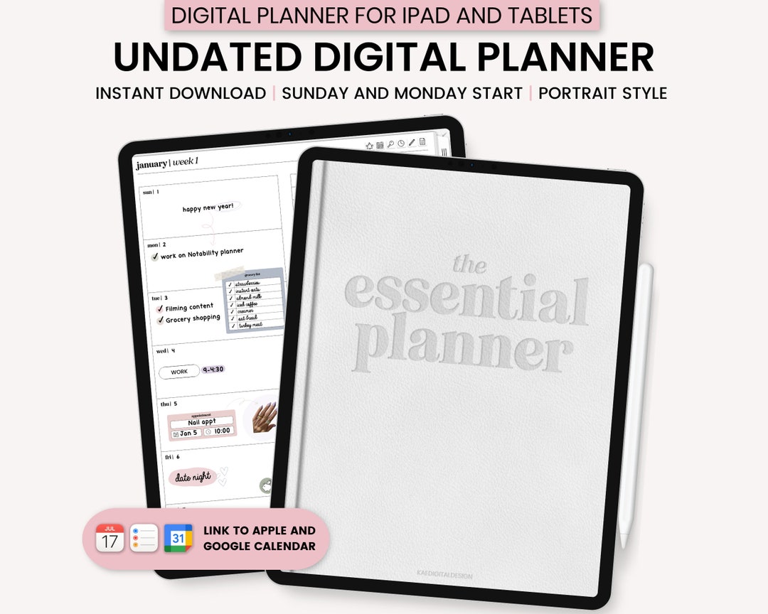 Undated Essential Digital Planner, Portrait Planner, Minimalist Planner ...