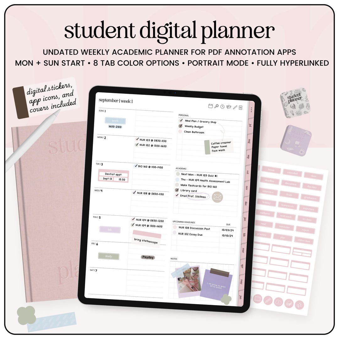 Undated Student Digital Planner for Goodnotes & Ipad, Academic Study ...
