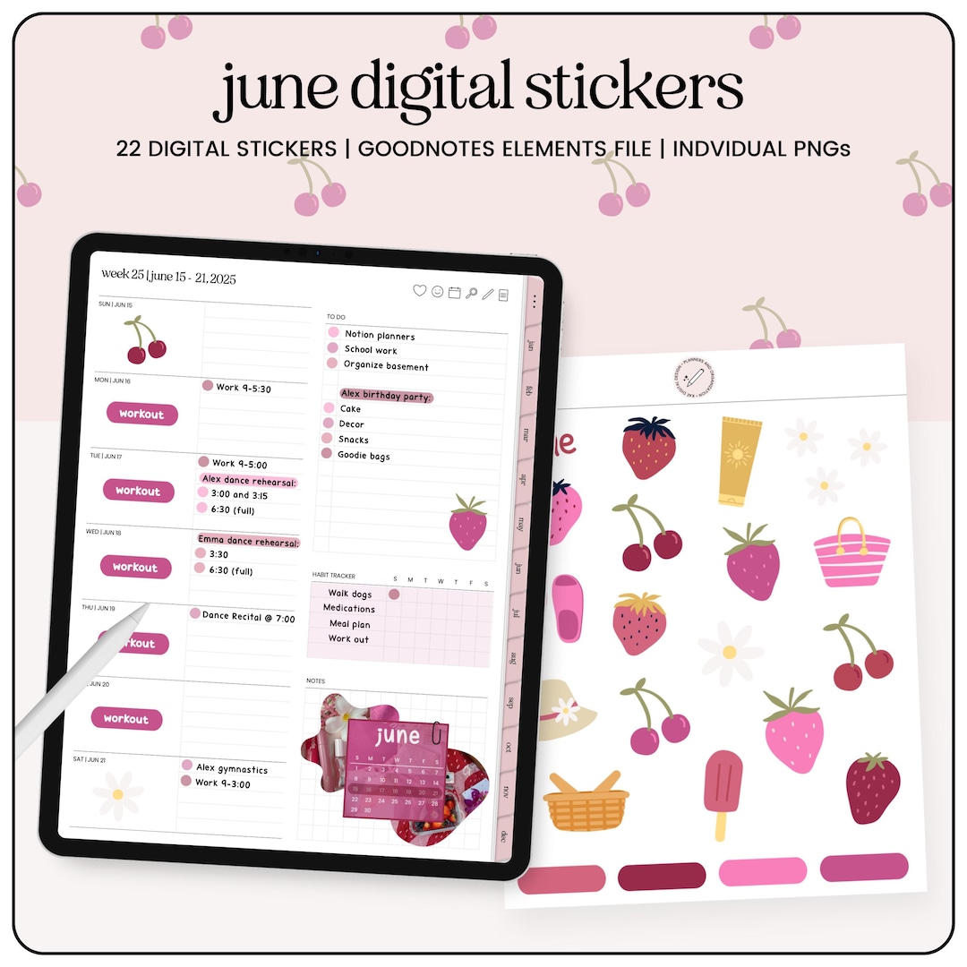 June Themed Digital Stickers, Strawberry Digital Stickers, Cherry ...