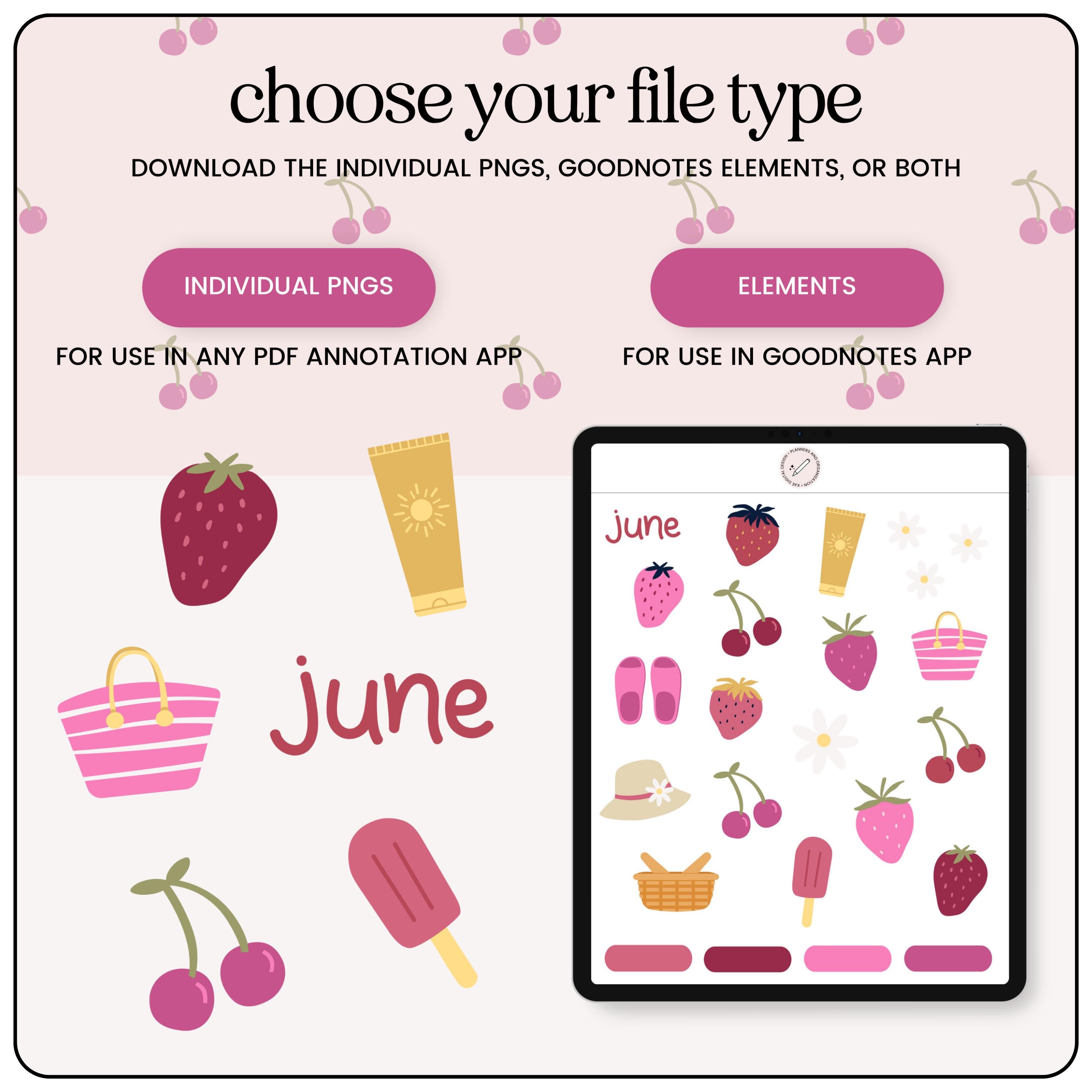 June Themed Digital Stickers, Strawberry Digital Stickers, Cherry ...