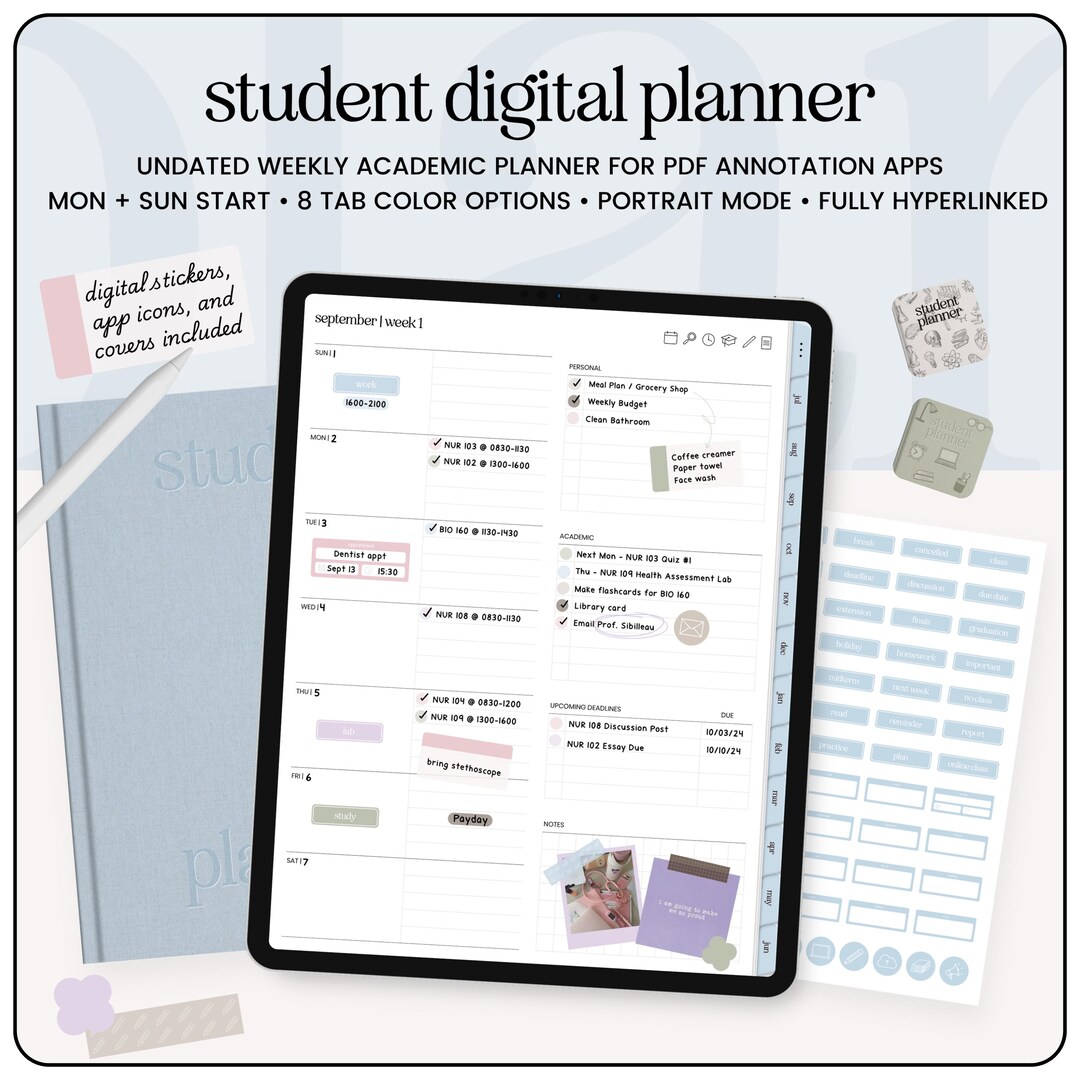 Undated Student Digital Planner for Goodnotes & Ipad, Academic Study ...
