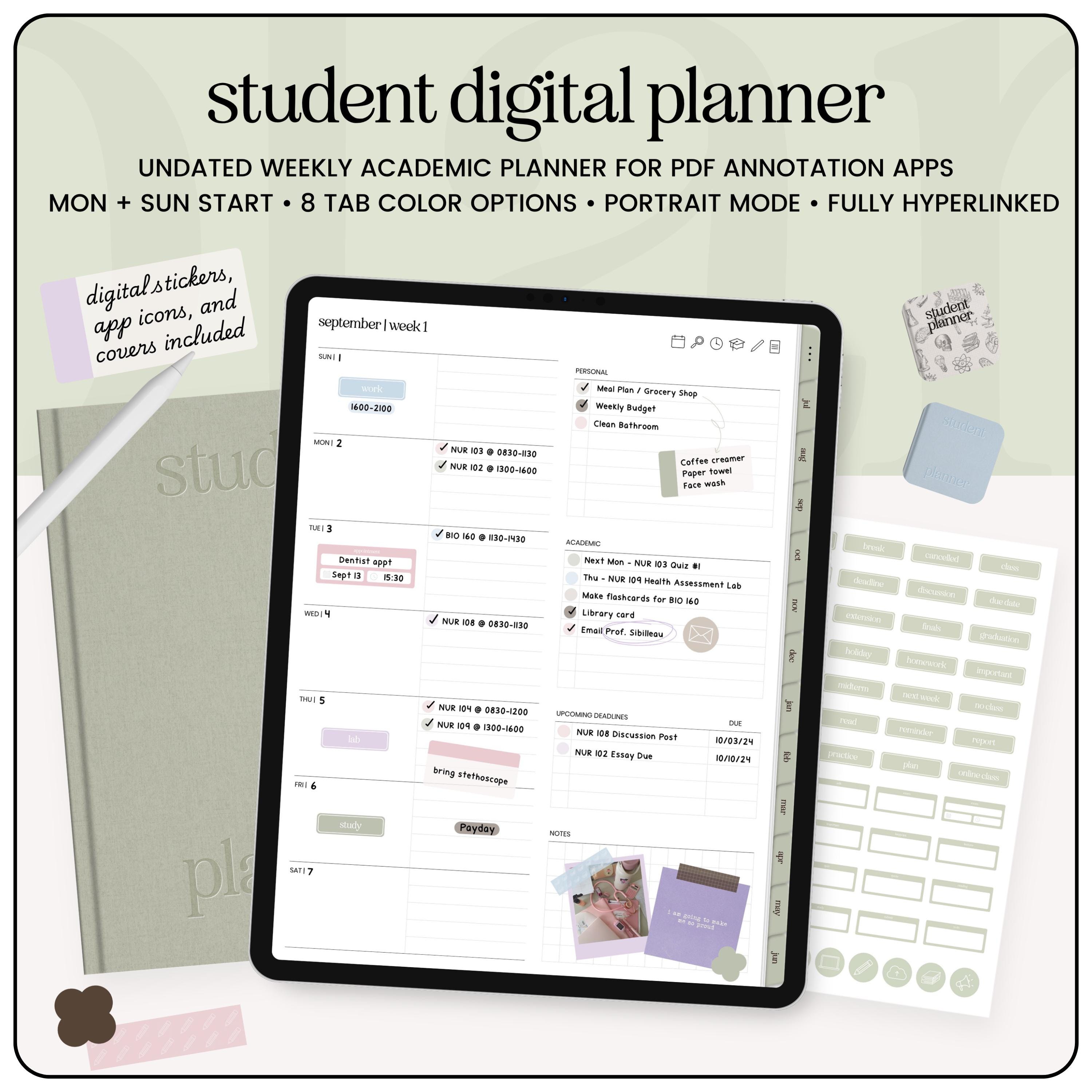 Undated Student Digital Planner for Goodnotes & Ipad, Academic Study ...