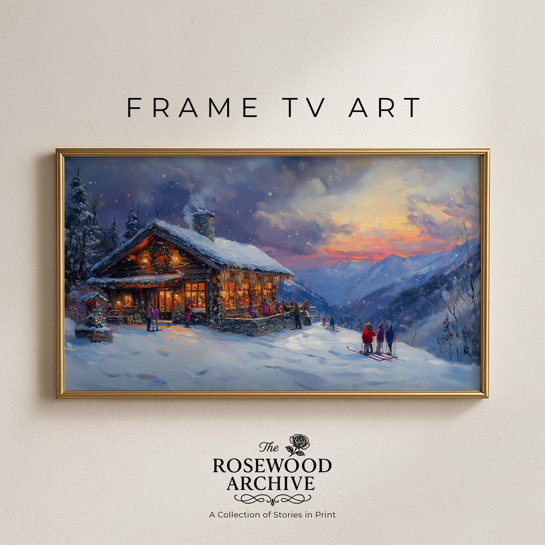 Vintage Christmas Ski Lodge Art, Rustic Winter Frame TV Decor, Charming ...