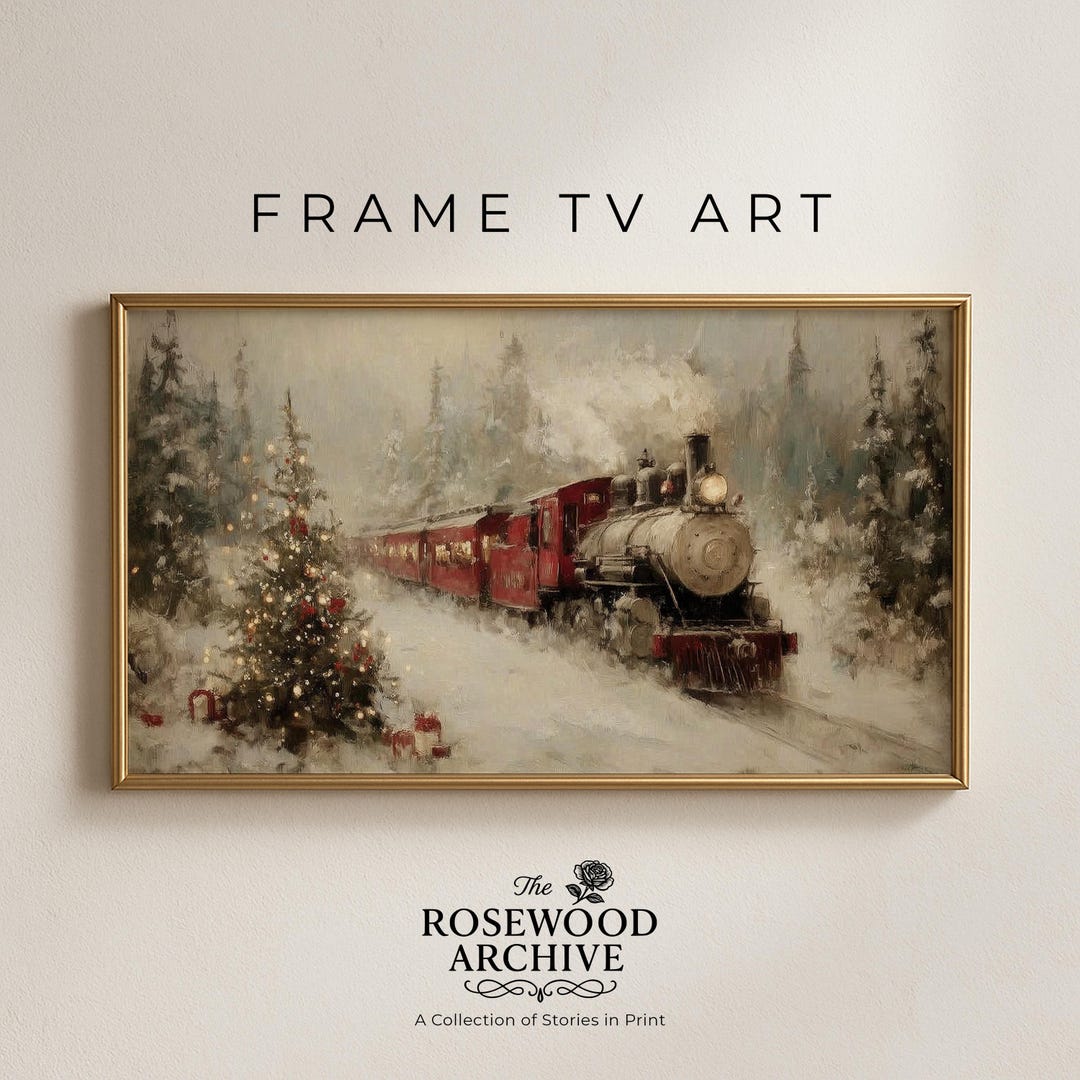 Vintage Winter Steam Locomotive Frame TV Art, Rustic Holiday Train Art ...