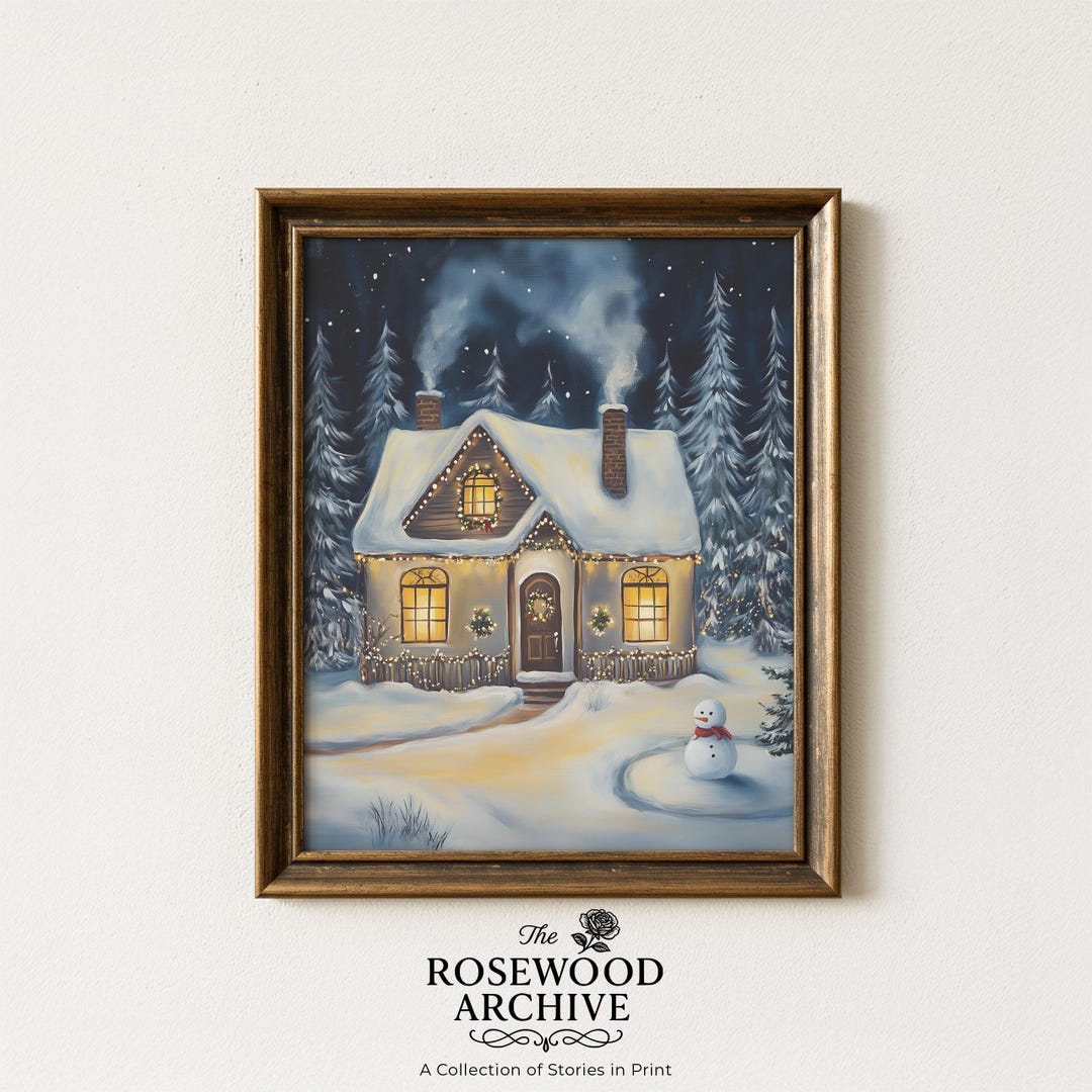 Rustic Winter Cottage Scene - Cozy Snow-covered House, String Lights ...