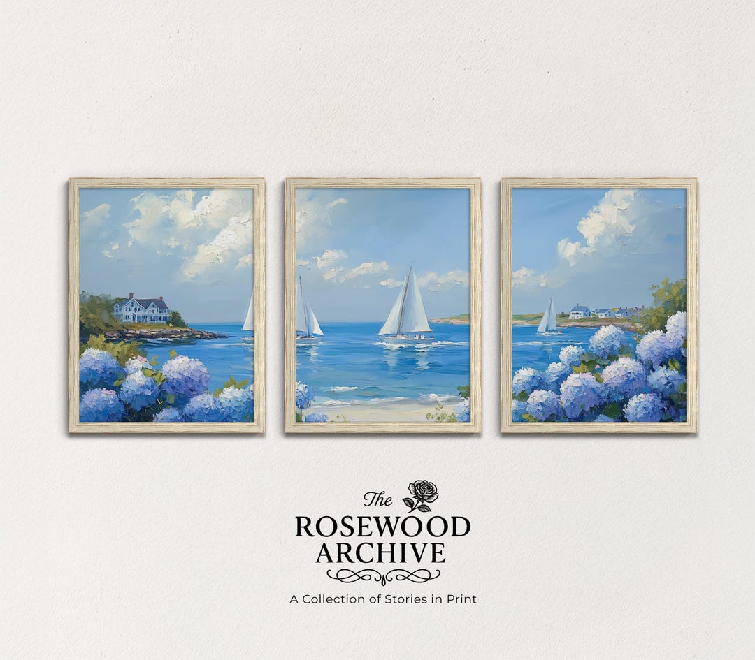 Coastal Cottagecore Sailboat Triptych | Printable Seaside Art Set of 3 ...