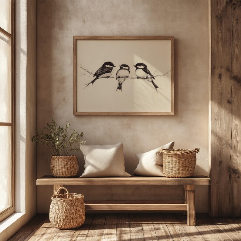 Rustic Songbird Trio Sketch - Neutral Minimalist Wall Art, Vintage ...