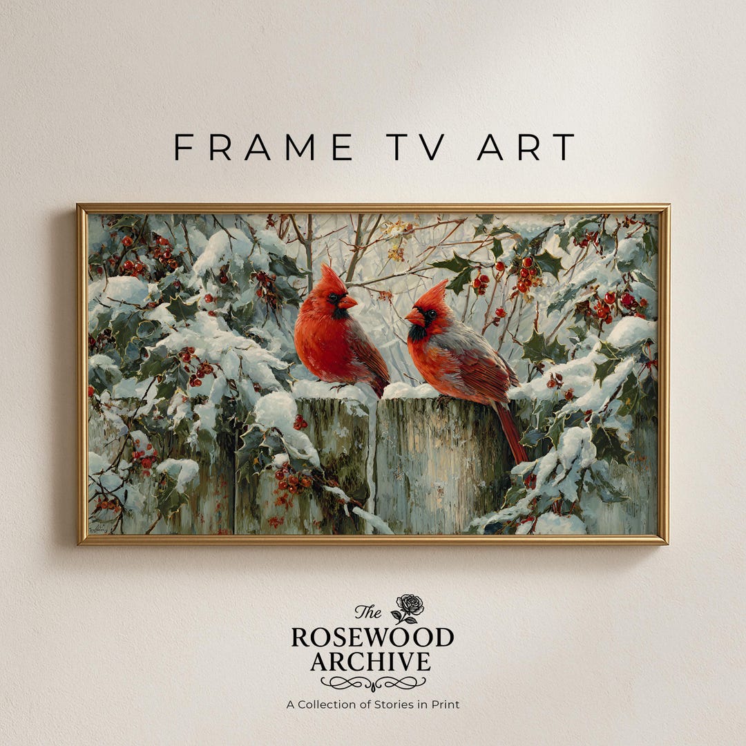 Winter Cardinal Frame TV Art, Rustic Farmhouse Art for TV, Snowy ...