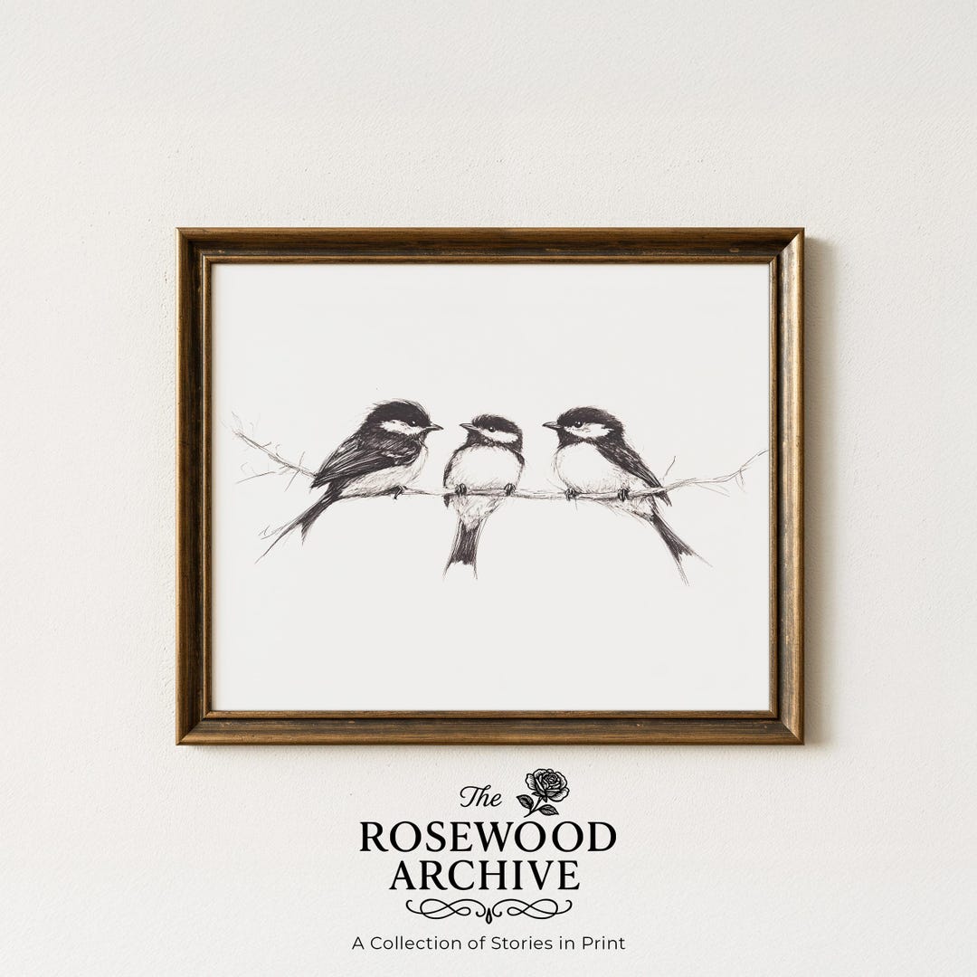 Rustic Songbird Trio Sketch - Neutral Minimalist Wall Art, Vintage ...