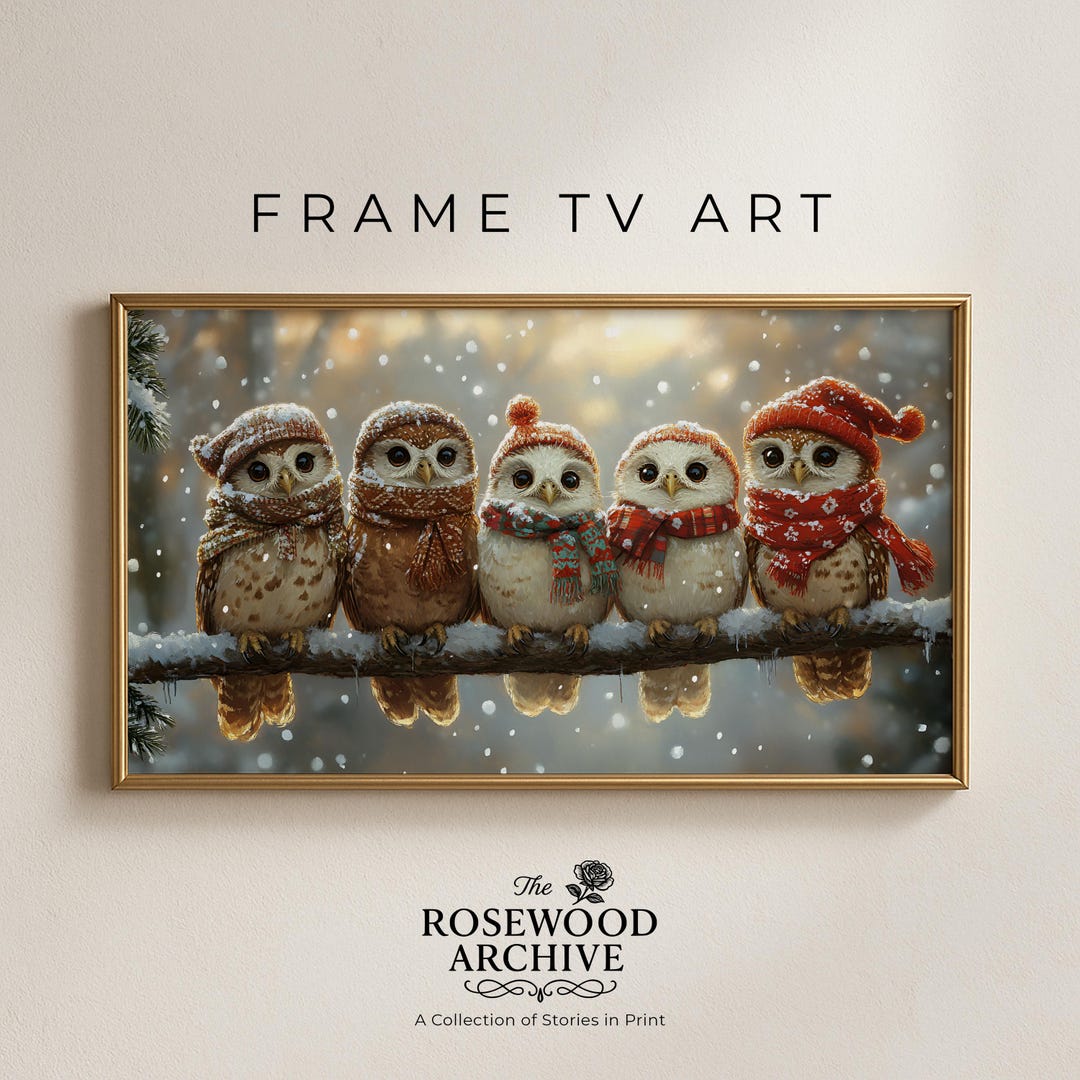 Winter Owl Family Frame TV Art, Cozy Owls on Snowy Branch, Holiday Wall ...