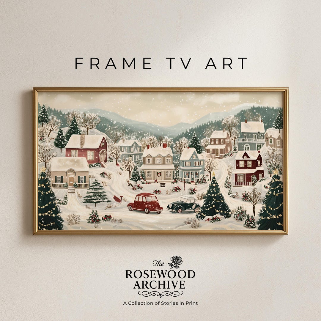 Rustic Christmas Village Frame TV Art, Vintage Holiday Artwork, Festive ...