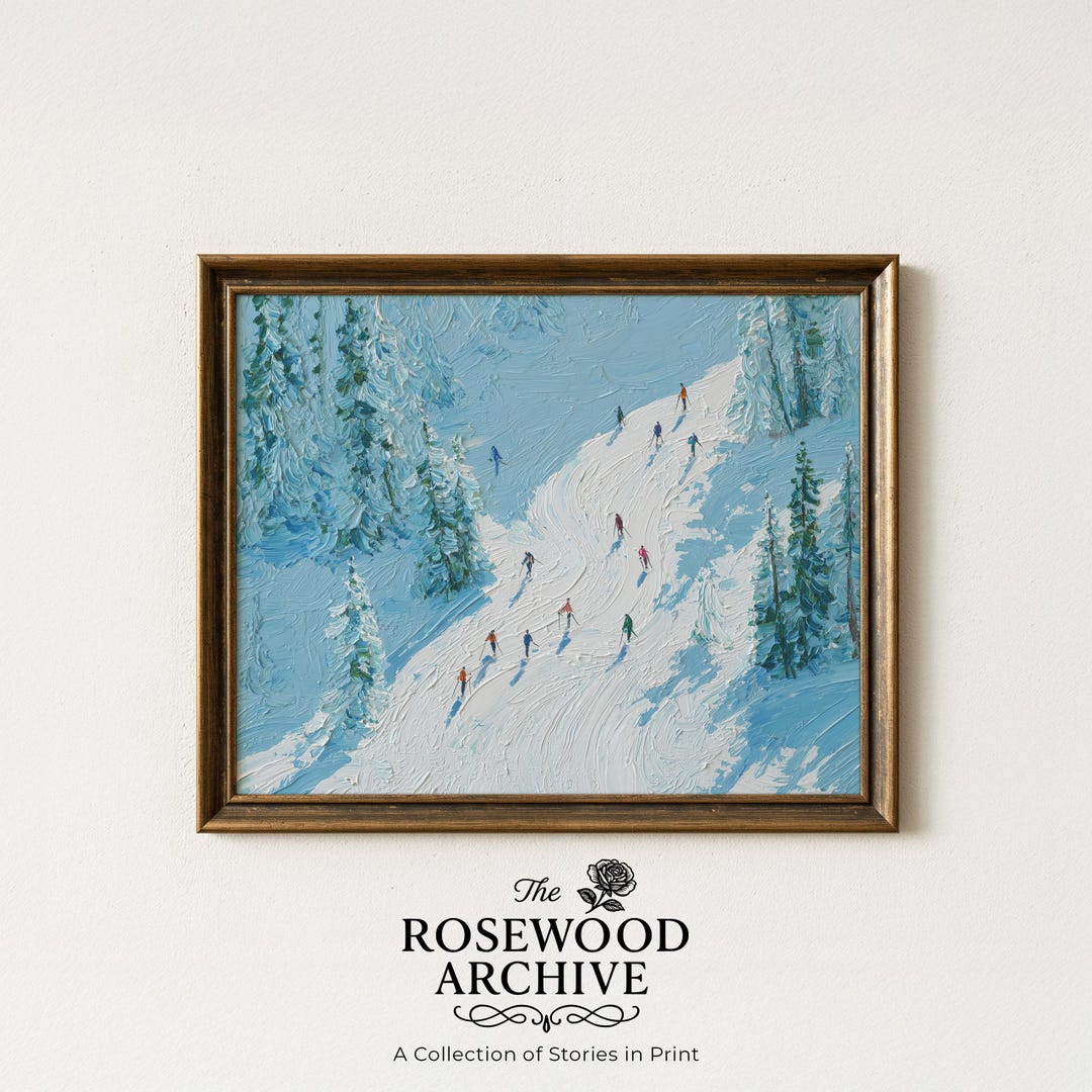 Vintage Skiing Scene Printable - Colorful Skiers on Snowy Slope, Cozy ...